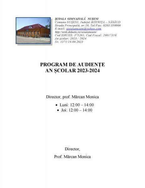 Program audiențe 2023-2024 | Școala Gimnazială Nuşeni